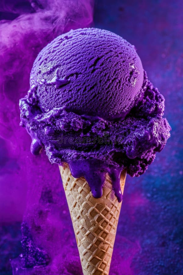 Vibrant Purple Ice Cream Cone with Mist in Artistic Close-Up. Stock ...