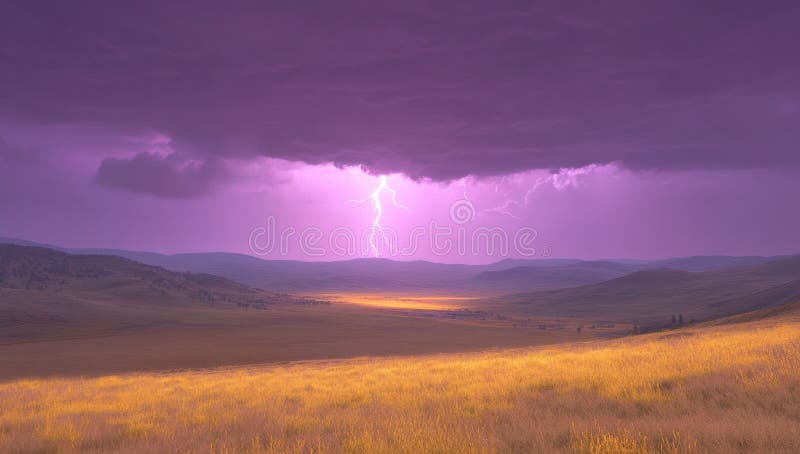 Vibrant Purple Lightning Illuminates a Flat, Golden Field Set Beneath a ...