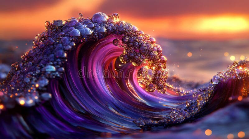 A Vibrant Purple Ocean Wave at Sunset Glows Stock Illustration ...