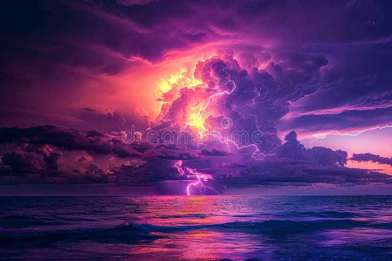Pink Sunset Ocean Scene Lightning Strike Stock Photos - Free & Royalty ...