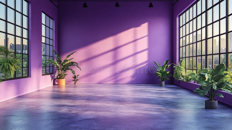 Vibrant Purple Studio Room with Large Windows and Modern Indoor Plants ...