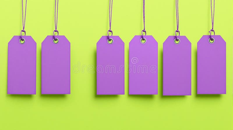 Vibrant Purple Tags on Neon Green Background for Creative Designs Stock ...