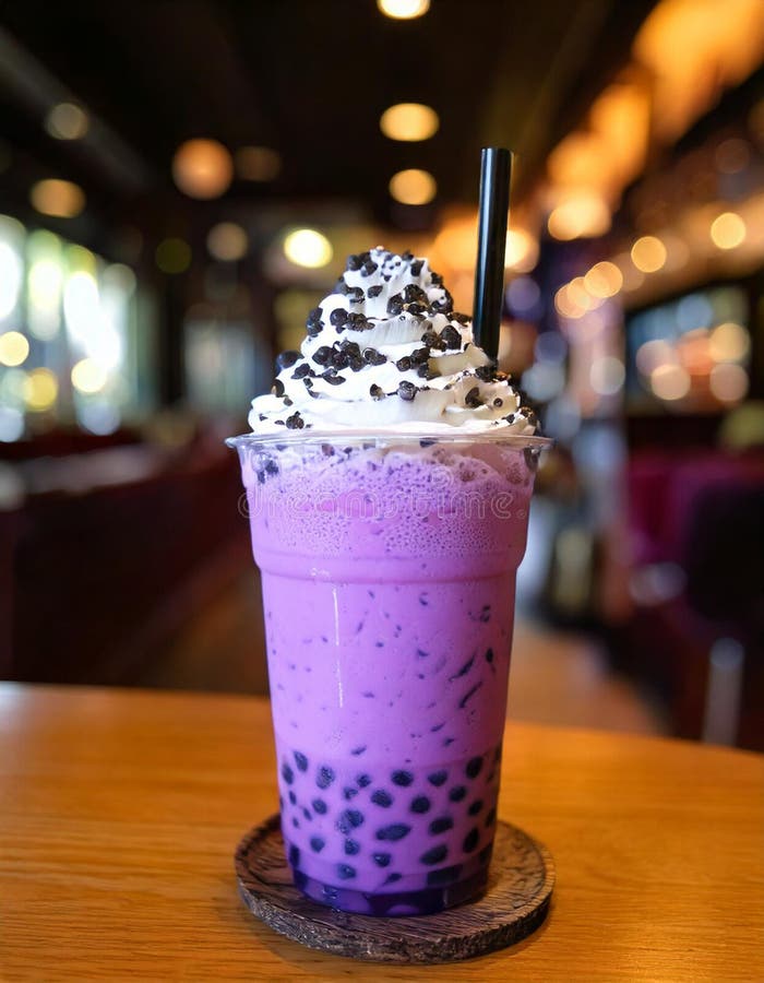 Vibrant Purple Taro Milk Tea with Tapioca Pearls in Clear Plastic Cup ...