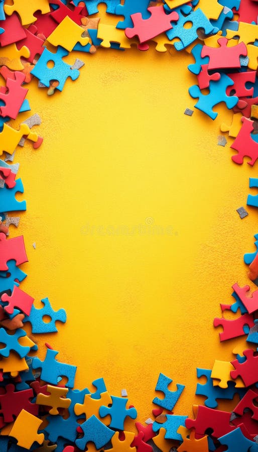 Vibrant Puzzle Pieces Frame on Yellow Background, Conceptual Image for ...