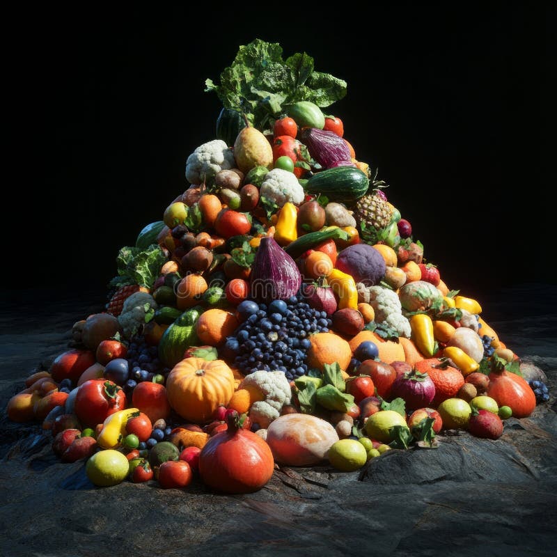 Vibrant Pyramid of Fresh Fruits and Vegetables in Dramatic Lighting ...