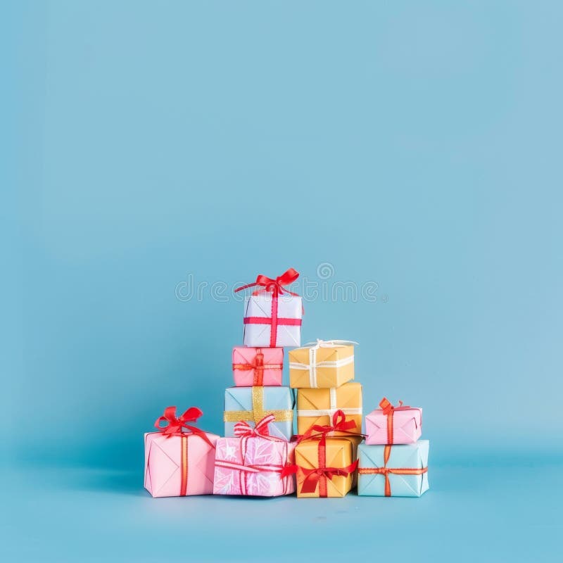 Vibrant Pyramid of Gift Boxes with Red Ribbon Minimalistic and Cheerful ...
