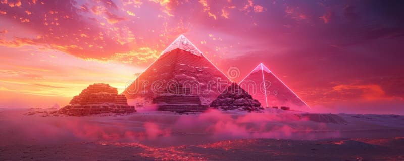 Vibrant Pyramids Under a Stunning Pink and Orange Sky at Dusk Stock ...