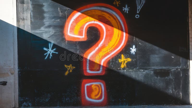 Vibrant Question Mark Graffiti on a Black Wall, Illuminated by Slanting ...