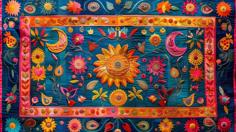 Vibrant Quilt Adorned with a Sun and Floral Designs Stock Illustration ...