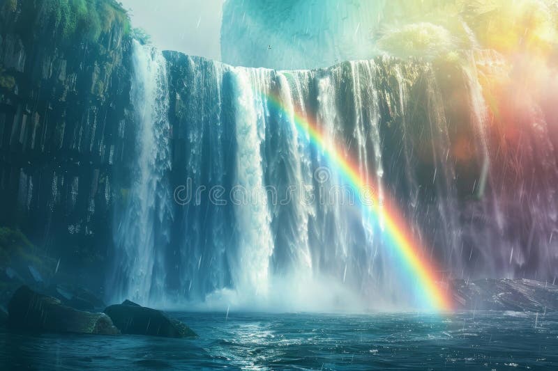 A Vibrant Rainbow Arches Over a Majestic Waterfall after a Rain Shower ...