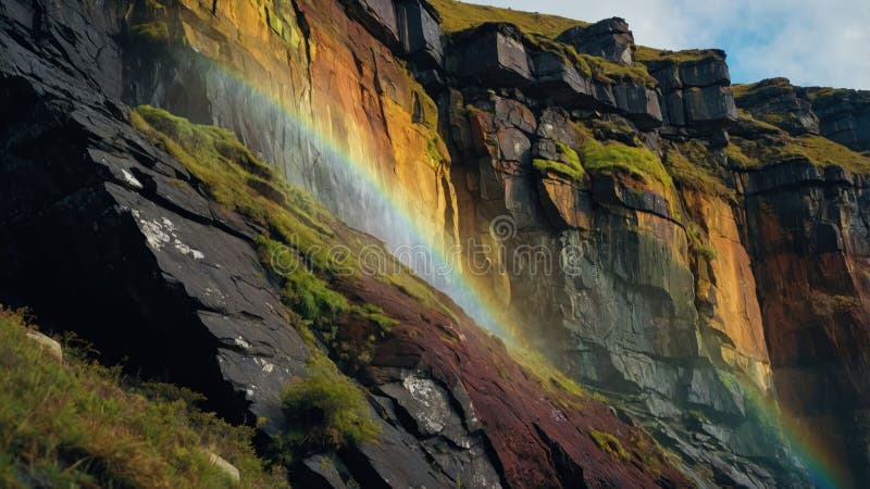 Stunning Rainbow Arcing Over Dramatic Cliff Face Stock Illustration ...