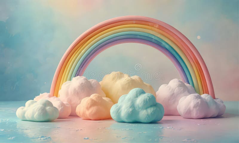 Vibrant Rainbow Arching Over Collection Whimsical Cloud-shaped Objects ...