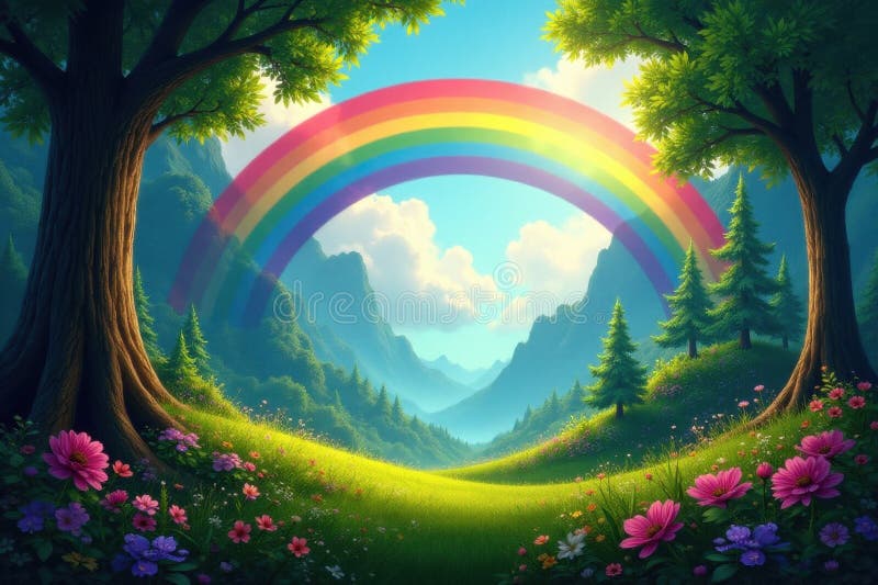 Vibrant Rainbow Arching Over Lush Fairytale Forest, Pixie, Tale ...