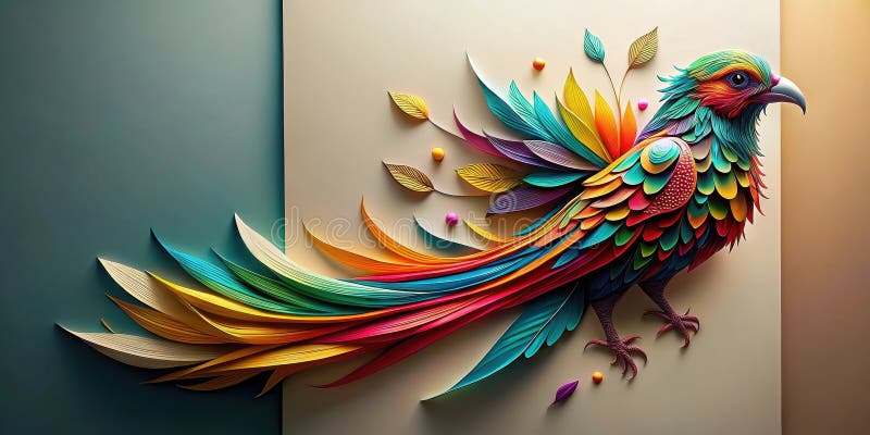 Vibrant Rainbow Bird with Intricate Papercut Feathers and Leaves ...