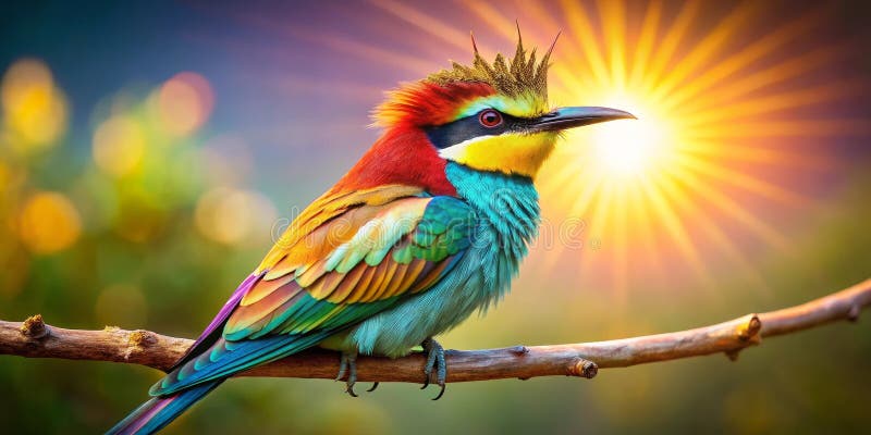 Vibrant Rainbow Bird Perched on Branch at Sunrise. Generative AI Stock ...
