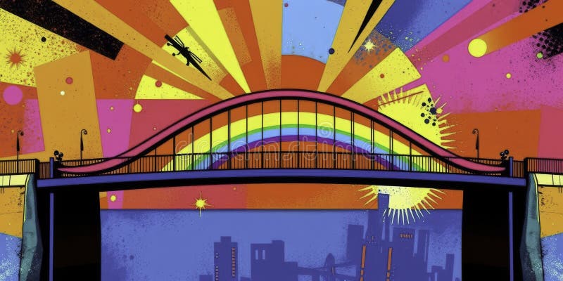 Vibrant Rainbow Bridge Against a Bold, Geometric Pop Art Backdrop, Graphic Design, Vibrant Stock ...