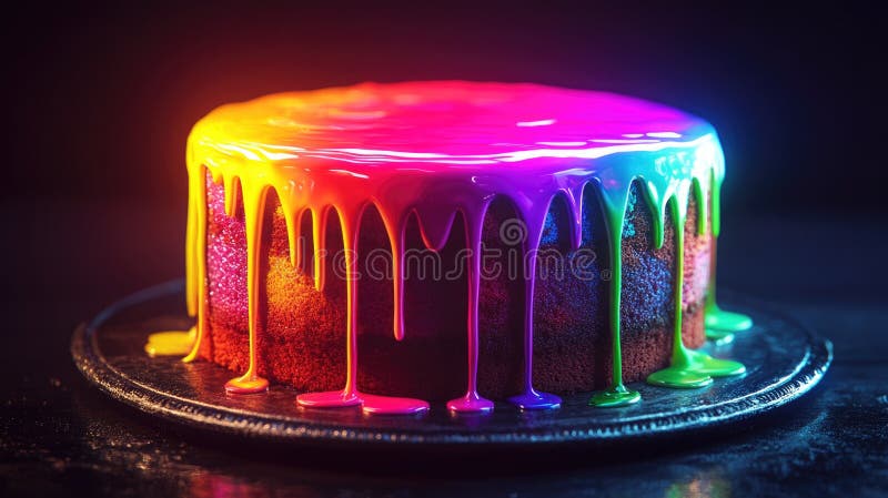 Vibrant Rainbow Cake with Colorful Dripping Icing in Dark Setting Stock Image - Image of ...