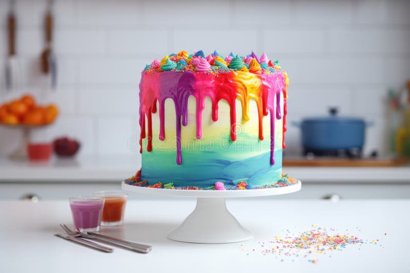 Colorful Drip Rainbow Cake on Display Stock Illustration - Illustration ...