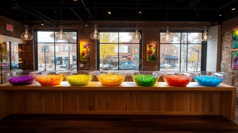 Vibrant Rainbow Candy Display in a Modern Candy Shop Stock Illustration ...