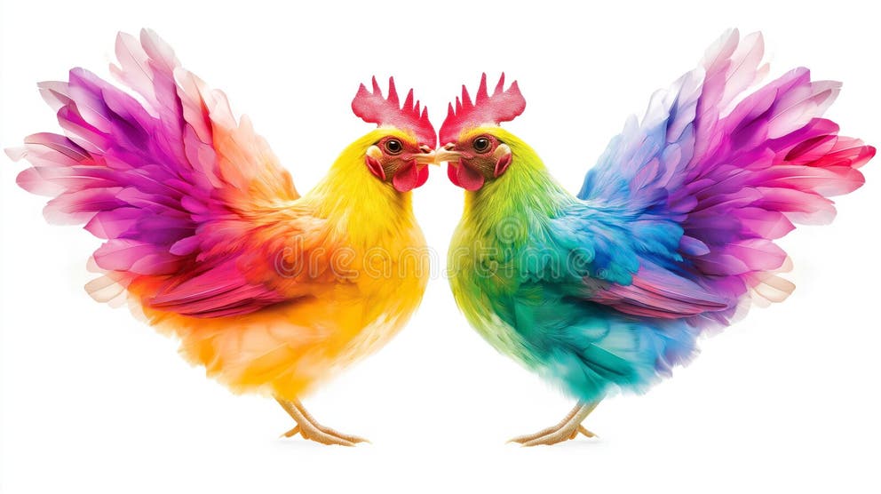 Vibrant Rainbow Chickens with Colorful Feathers on White Background ...