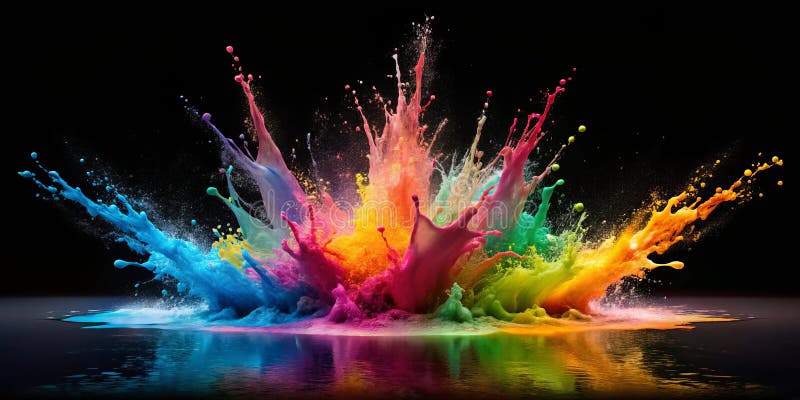 Vibrant Rainbow Color Explosion with Dynamic Splashes and Reflections ...
