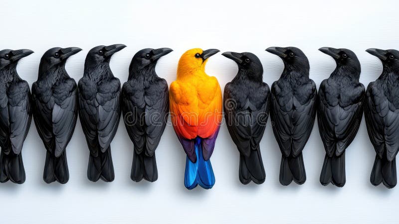 Vibrant Rainbow Colored Bird Stands Out among Black Crows Stock ...