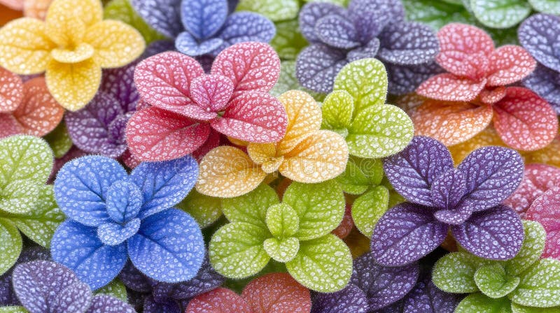 Vibrant Rainbow Colored Dew Covered Leaves Close Up Floral Texture ...