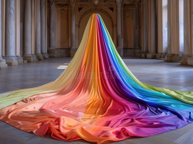Vibrant Rainbow-colored Fabric Draped in Grand Architectural Setting ...