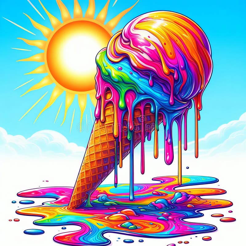A Vibrant, Rainbow-colored Ice Cream Cone Melting Dramatically Under a ...