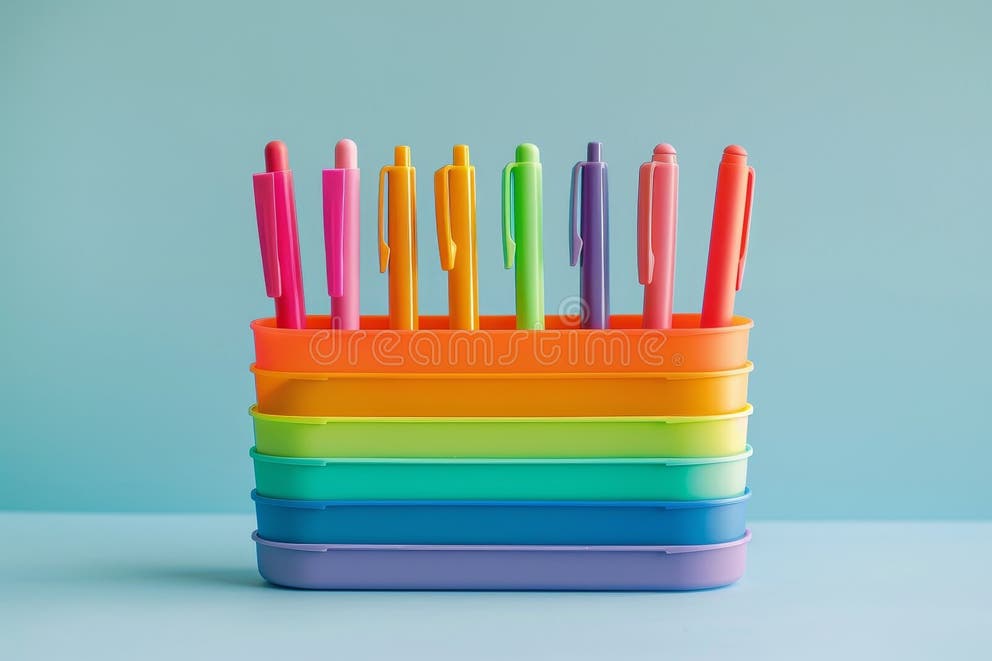 Vibrant Rainbow-colored Pens in a Holder Stock Illustration ...