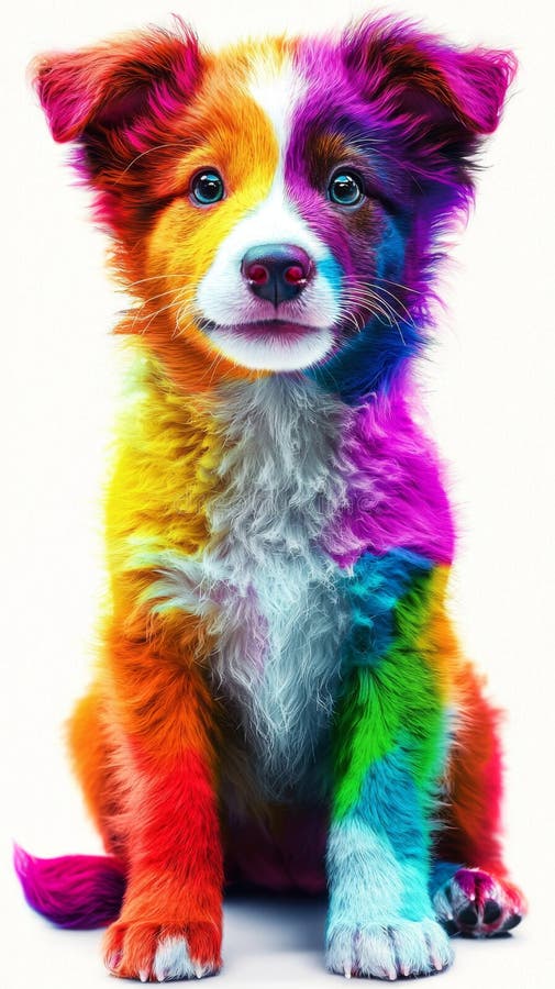 A Vibrant Rainbow-colored Puppy Sits Playfully Against a Plain ...