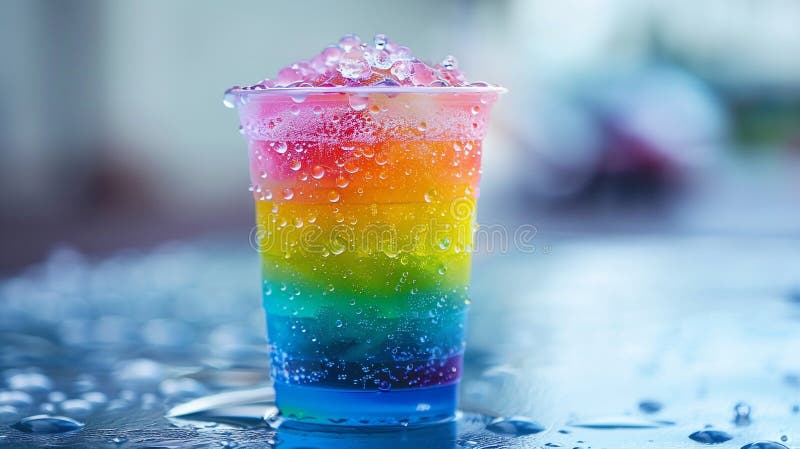 A Vibrant Rainbow-colored Slush in a Clear Cup with Condensation on the ...