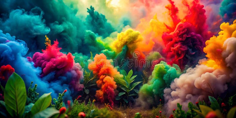 Vibrant Rainbow Colored Smoke Exploding Amongst Lush Greenery ...