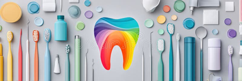 Colorful Tooth Symbol Surrounded by Dental Care Tools Showcasing the ...