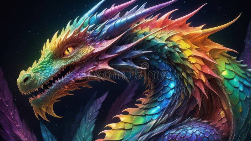 A Vibrant Rainbow Dragon with Sharp Teeth and Scales Stock Illustration ...