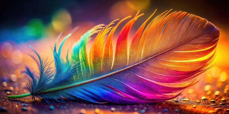 Vibrant Rainbow Feather Resting on a Glittering Surface. Generative AI ...