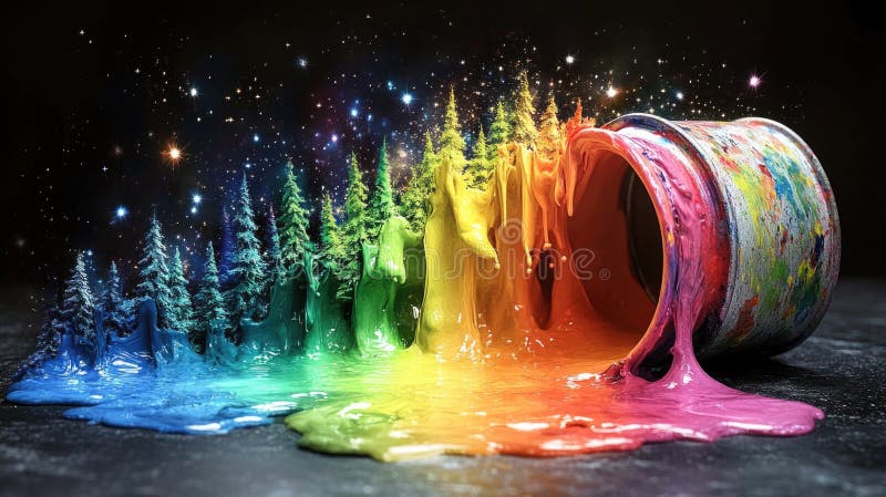 Vibrant Rainbow Forest Emerging from Paint Bucket with Cosmic Stars ...