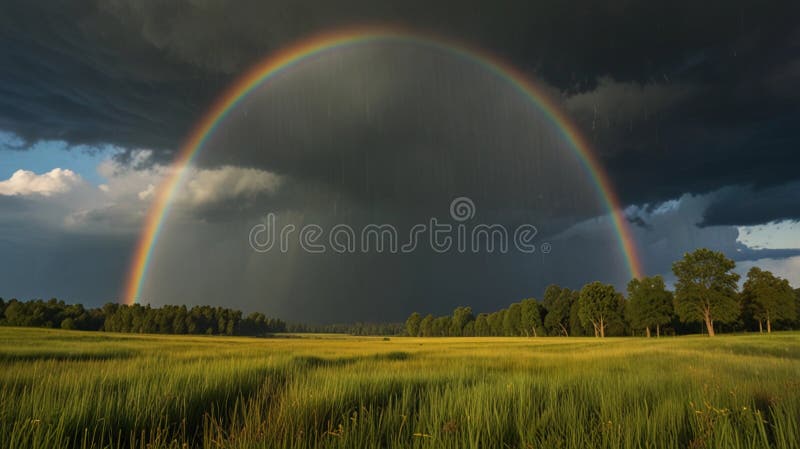 A Vibrant Rainbow Forming Over a Rain-drenched Meadow Stock ...