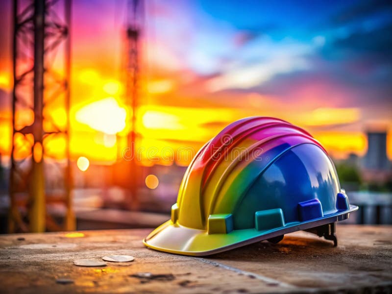 Vibrant Rainbow Hard Hat a SafetyFocused Construction Worker Image with ...