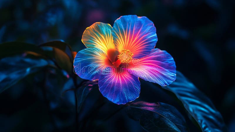 Vibrant Rainbow Hibiscus Flower at Night Stock Illustration ...