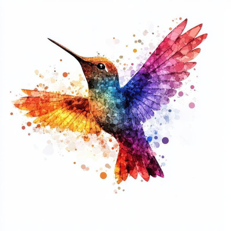 Vibrant Rainbow Hummingbird in Flight Watercolor Art Stock Illustration ...