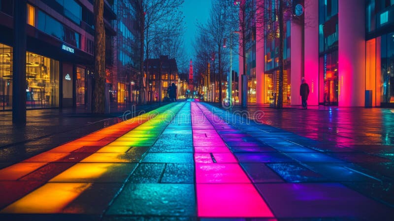 Vibrant Rainbow Illuminated City Street at Night Stock Illustration ...