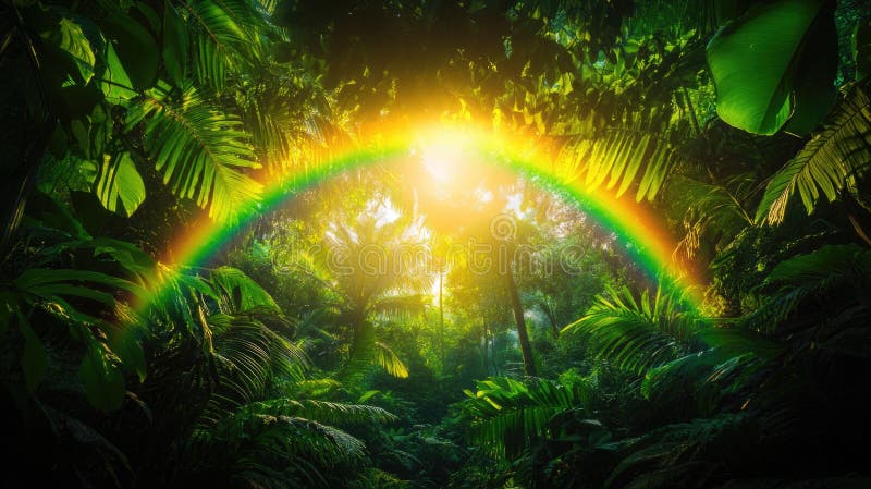 Vibrant Rainbow Illuminates Lush Tropical Rainforest with Sunlight ...