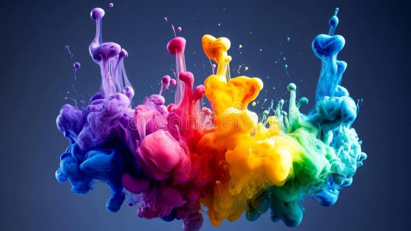 Vibrant Rainbow Ink Splash on Dark Blue Background Stock Illustration ...