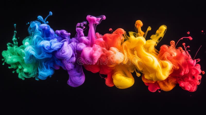 Vibrant Rainbow Ink Swirls on Black Background Stock Illustration ...
