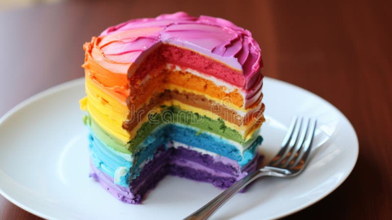Vibrant Rainbow Layer Cake on White Plate Stock Illustration ...