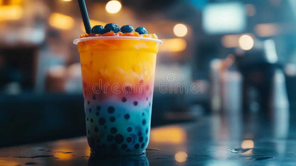 Vibrant Rainbow Layered Bubble Tea with Blueberries Stock Illustration ...