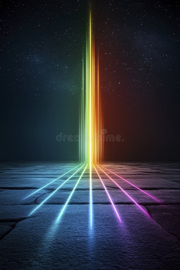 Vibrant Rainbow Light Beams on Dark Textured Surface Against Starry ...
