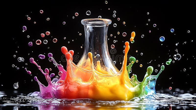 Rainbow Liquid Explosion Inside Glass Laboratory Flask Against Black ...