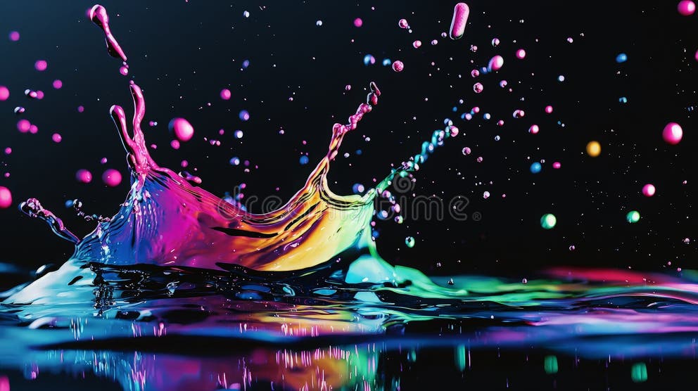 Vibrant Rainbow Liquid Splash with Droplets on Black Background Stock ...